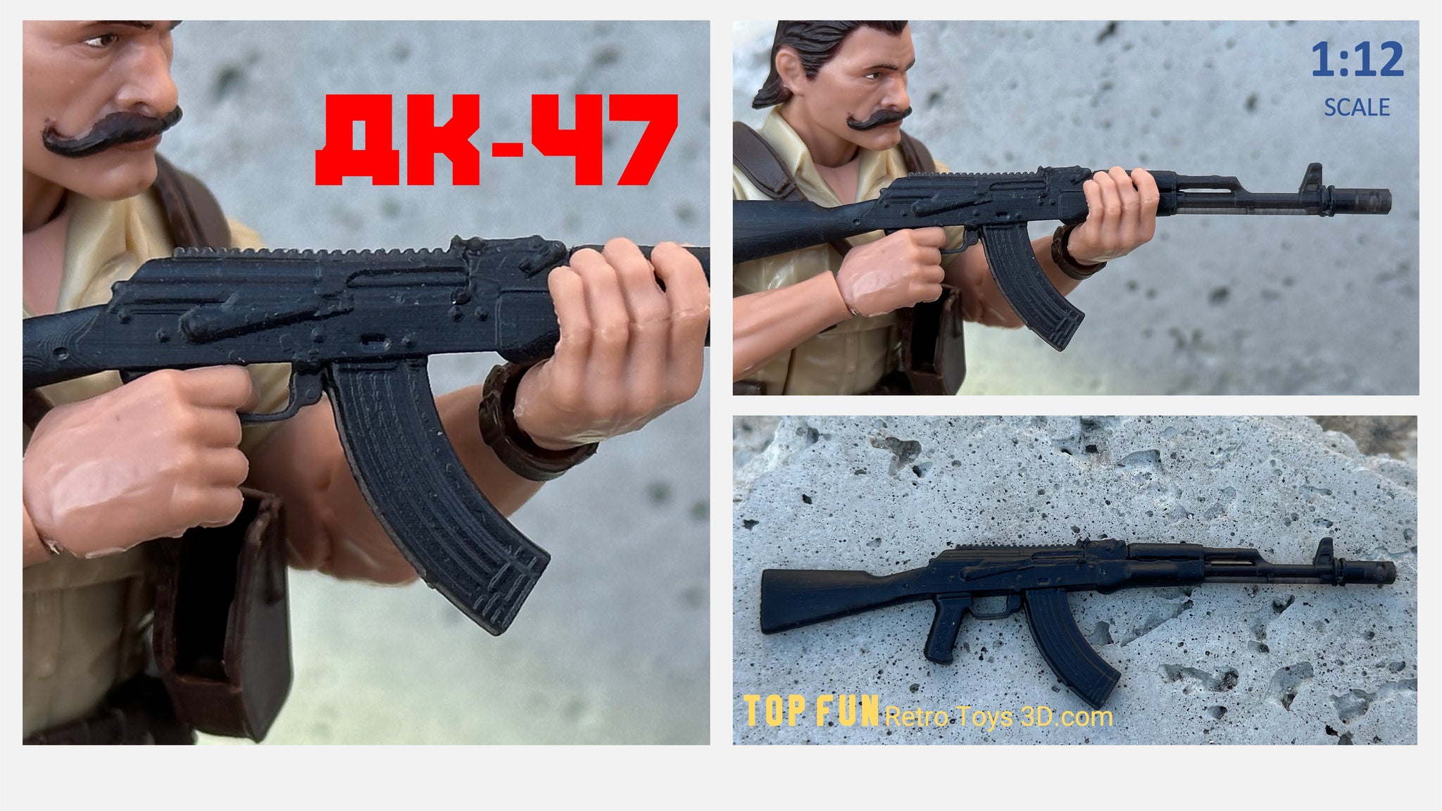 AK-47 Fixed Stock 1:12 Scale – Top Fun Retro Toys 3d